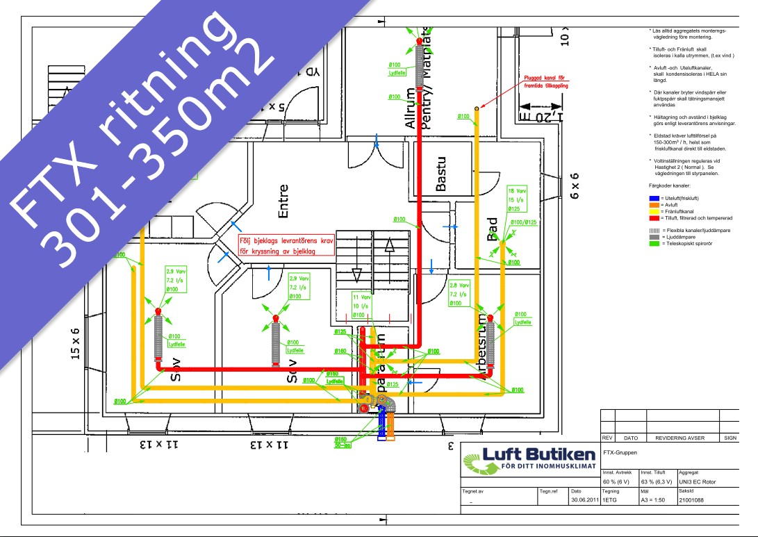 Ventilationsritning FTX system 3-plan 301-350 m2